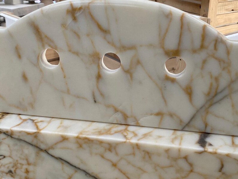 Fluted Calacatta Gold Marble Wall Mount Sink With Backsplash, Floating ...