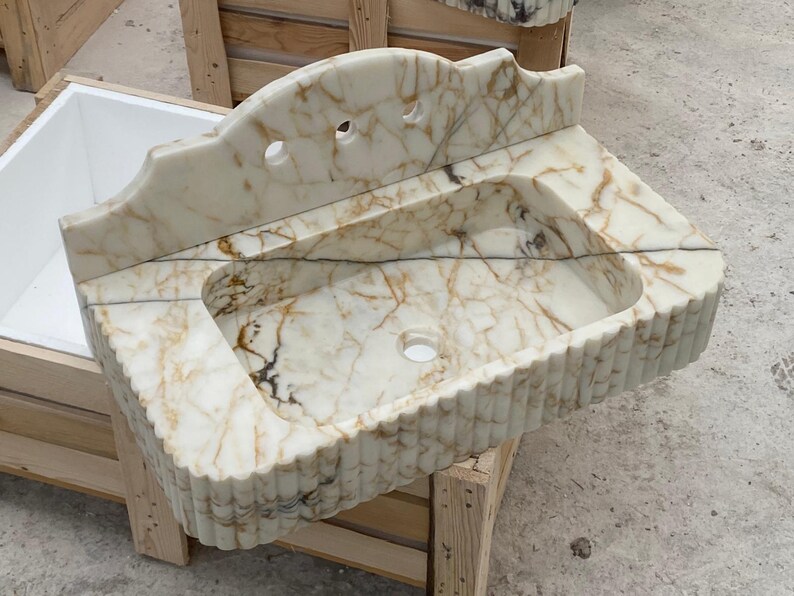 Fluted Calacatta Gold Marble Wall Mount Sink With Backsplash, Floating ...