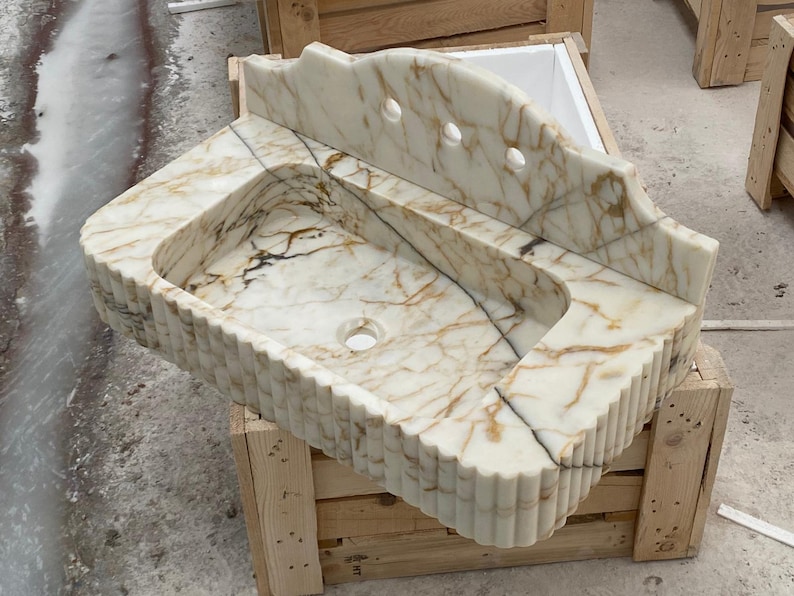 Fluted Calacatta Gold Marble Wall Mount Sink With Backsplash, Floating ...
