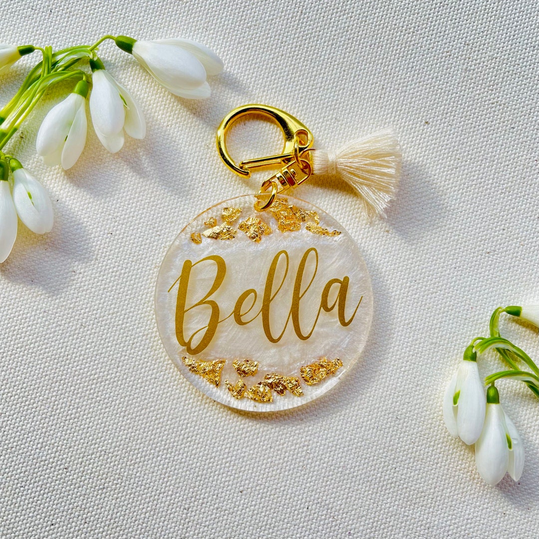 Personalized Name Keychain: Gold Flake Acrylic Bag Charm - Etsy
