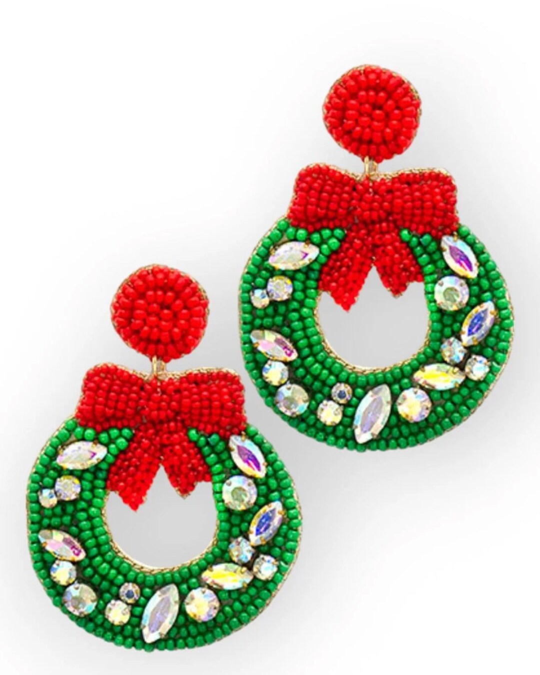 Beaded Wreath Earrings, Seed Bead and Rhinestone Embellished Christmas ...