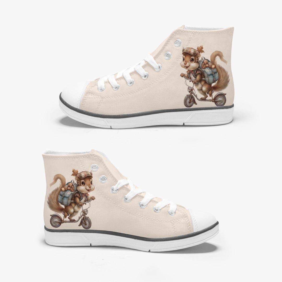Squirrel on a Scooter Kid's High-top Canvas Shoes / Whimsical Autumn ...