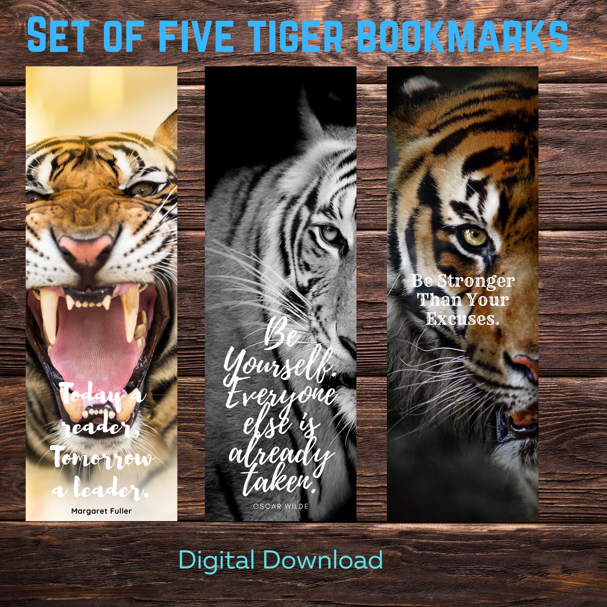 Set of Five Tiger Bookmarks, Nature Bookmarks, Digital Bookmarks ...