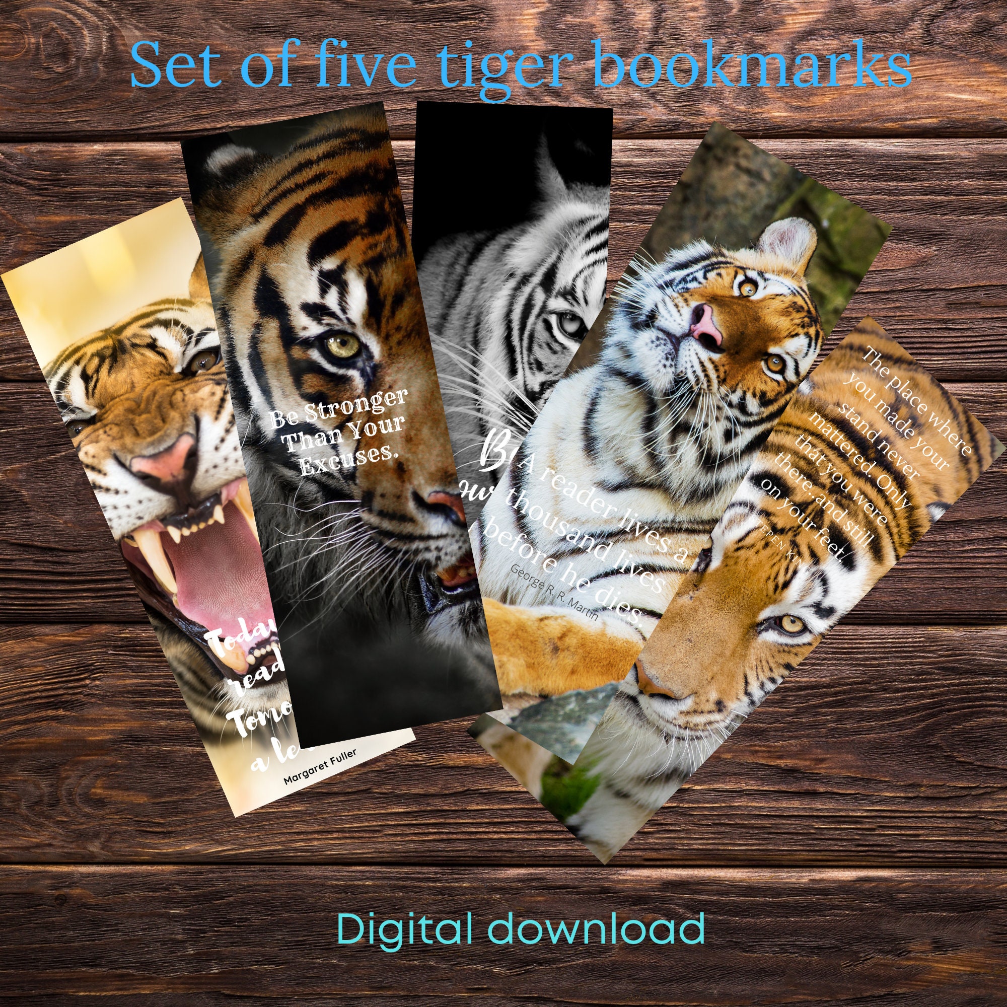 Set of Five Tiger Bookmarks, Nature Bookmarks, Digital Bookmarks ...