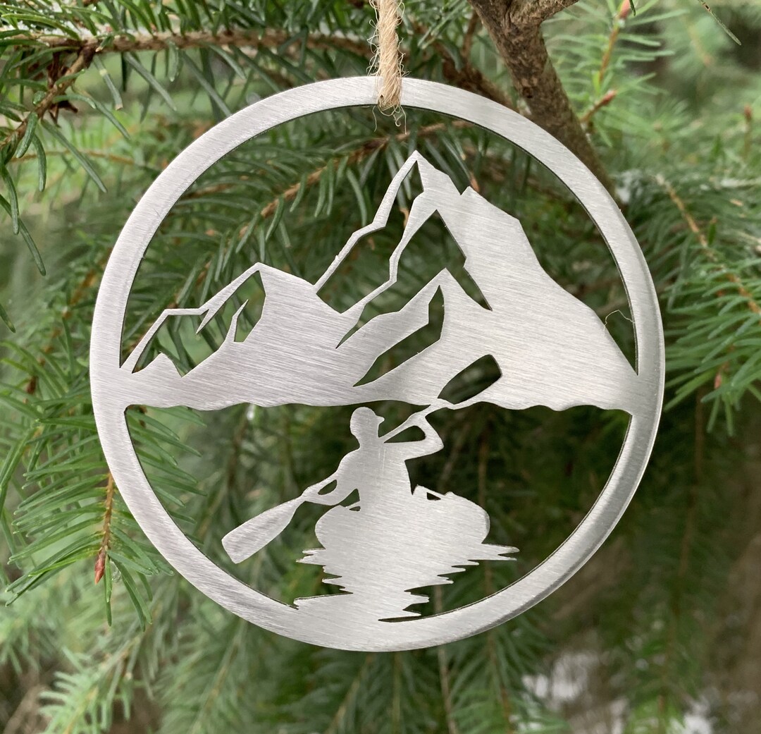 Kayak Mountain Lake Ornament in Stainless Steel | Mountain Adventure ...