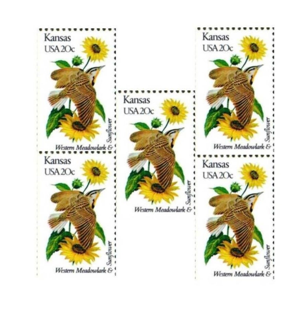 5 Vintage Unused Kansas State Flower and Bird - (5) 20 Cent US Postage ...