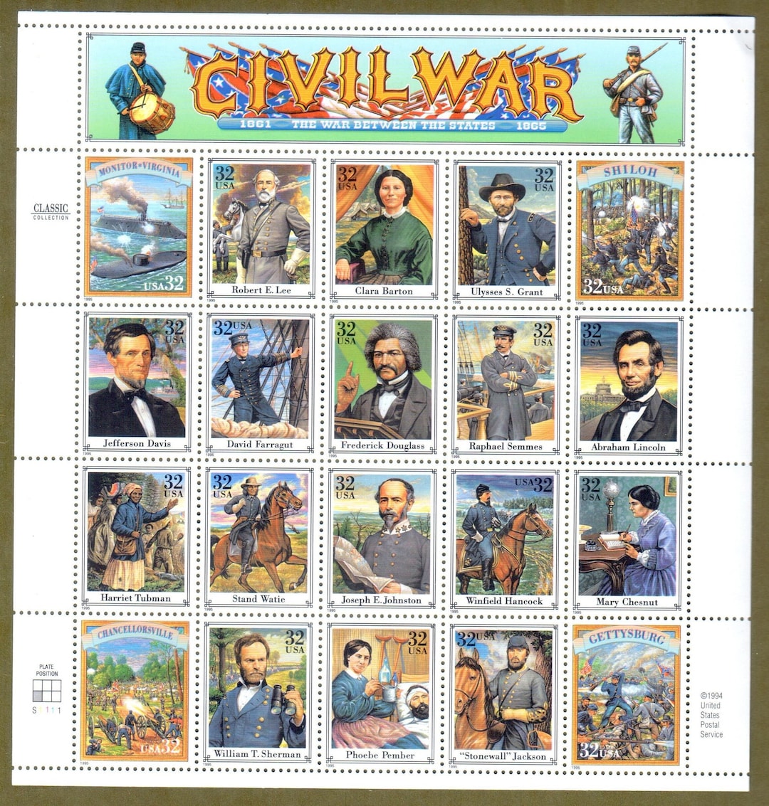 US Postage Stamp American Civil War Military Stamp Sheet 20 - Etsy