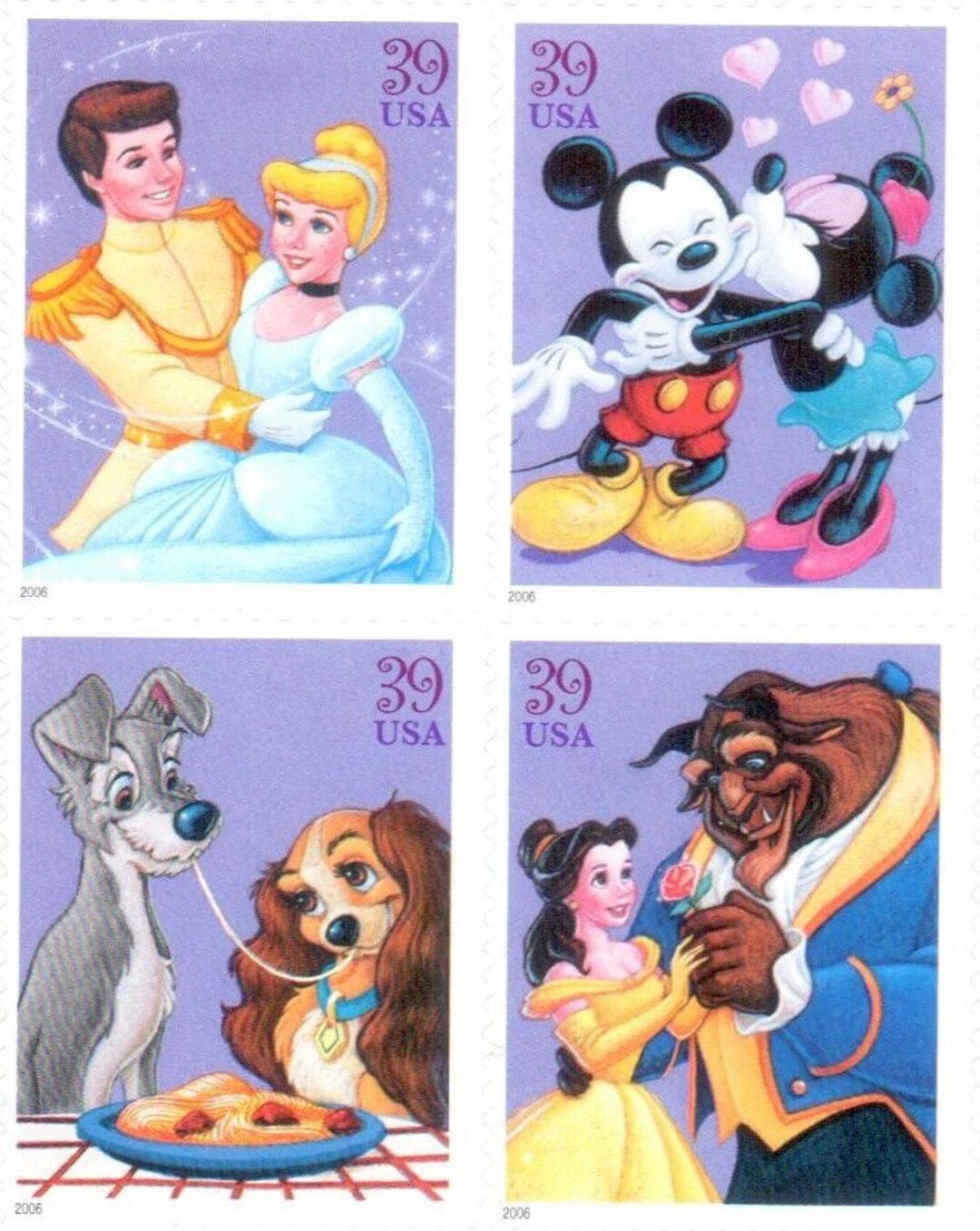 The Art of Disney Romance Block of 4 Unused US Postage Stamps 39 Cents ...
