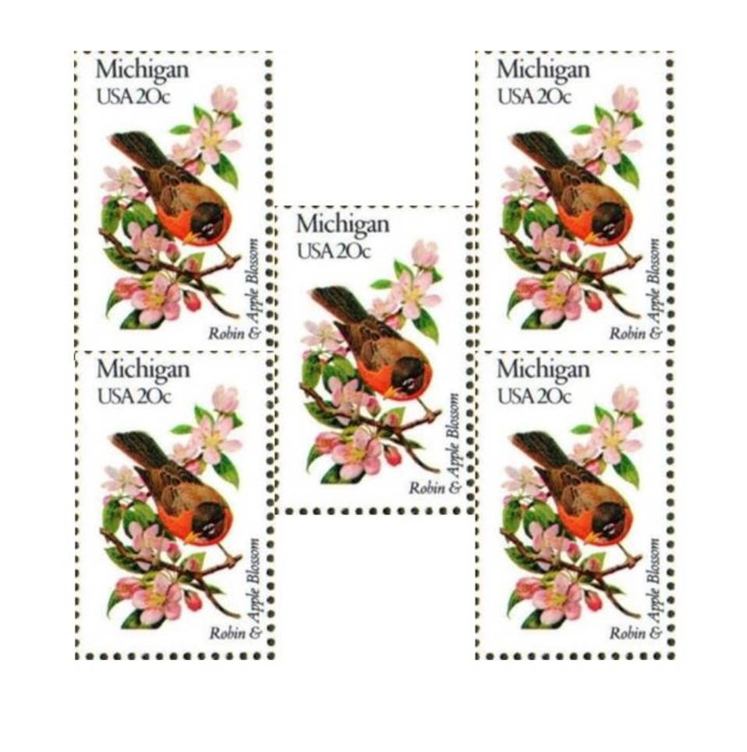 Vintage Unused Michigan State Flower and Bird 20 Cent US Postage Stamps ...