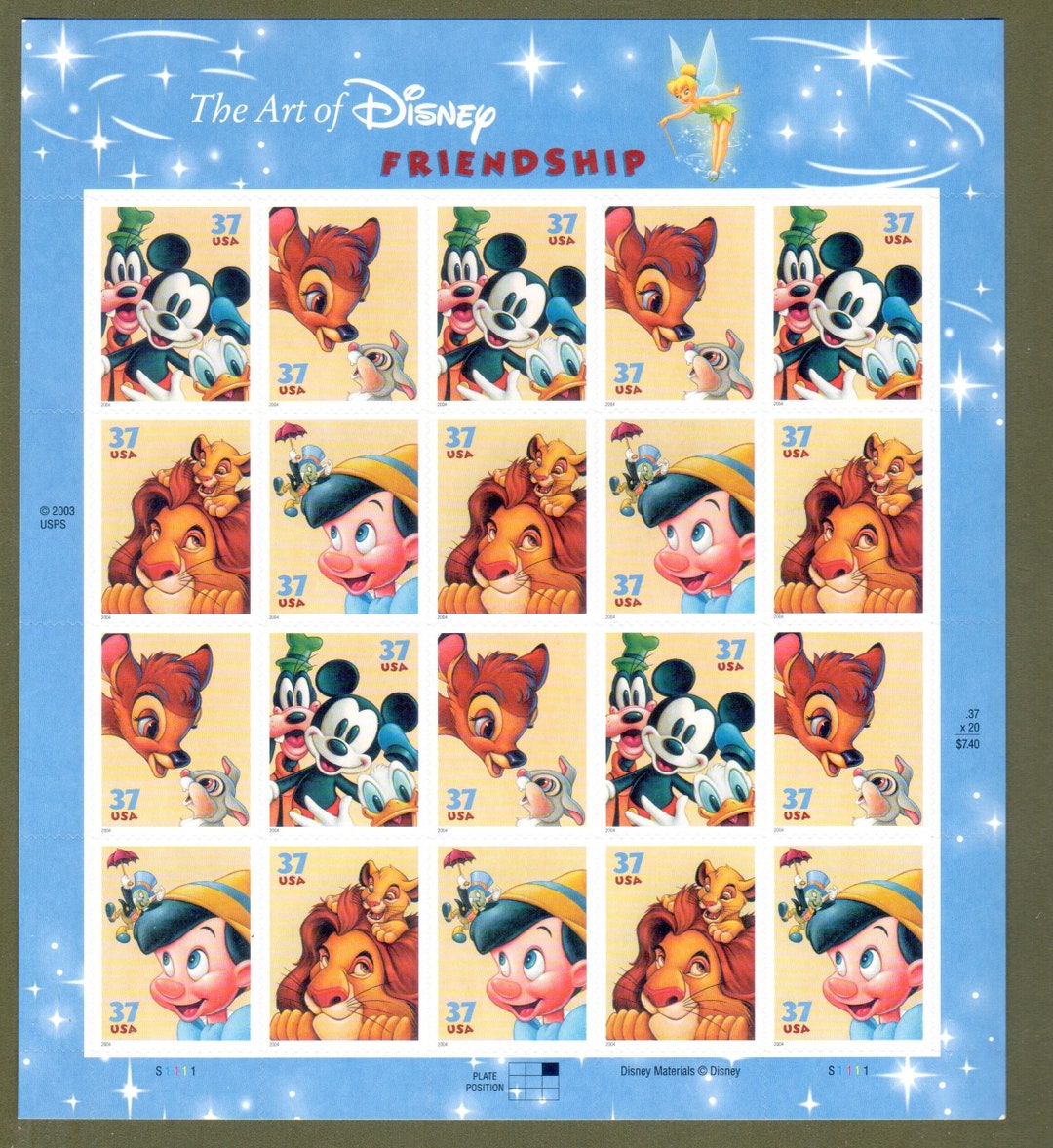 Sheet of 20 the Art of Disney Friendship Unused US Postage Stamps 37 ...