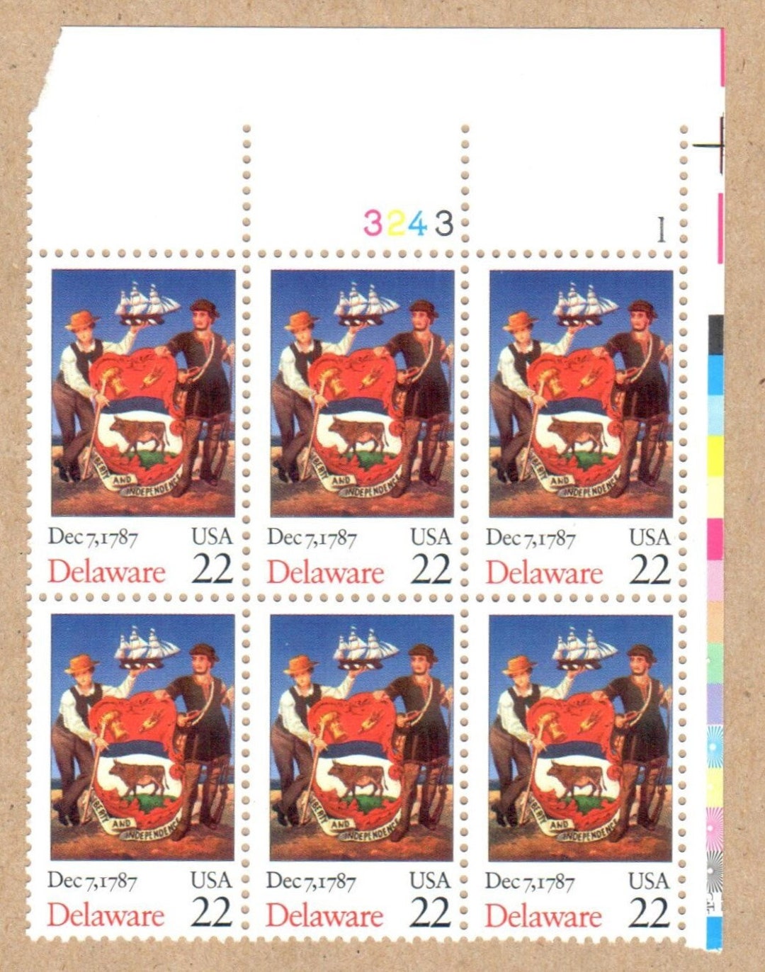 1787 Delaware Bicentennial Statehood US Postage Stamp Plate Block of 6 ...