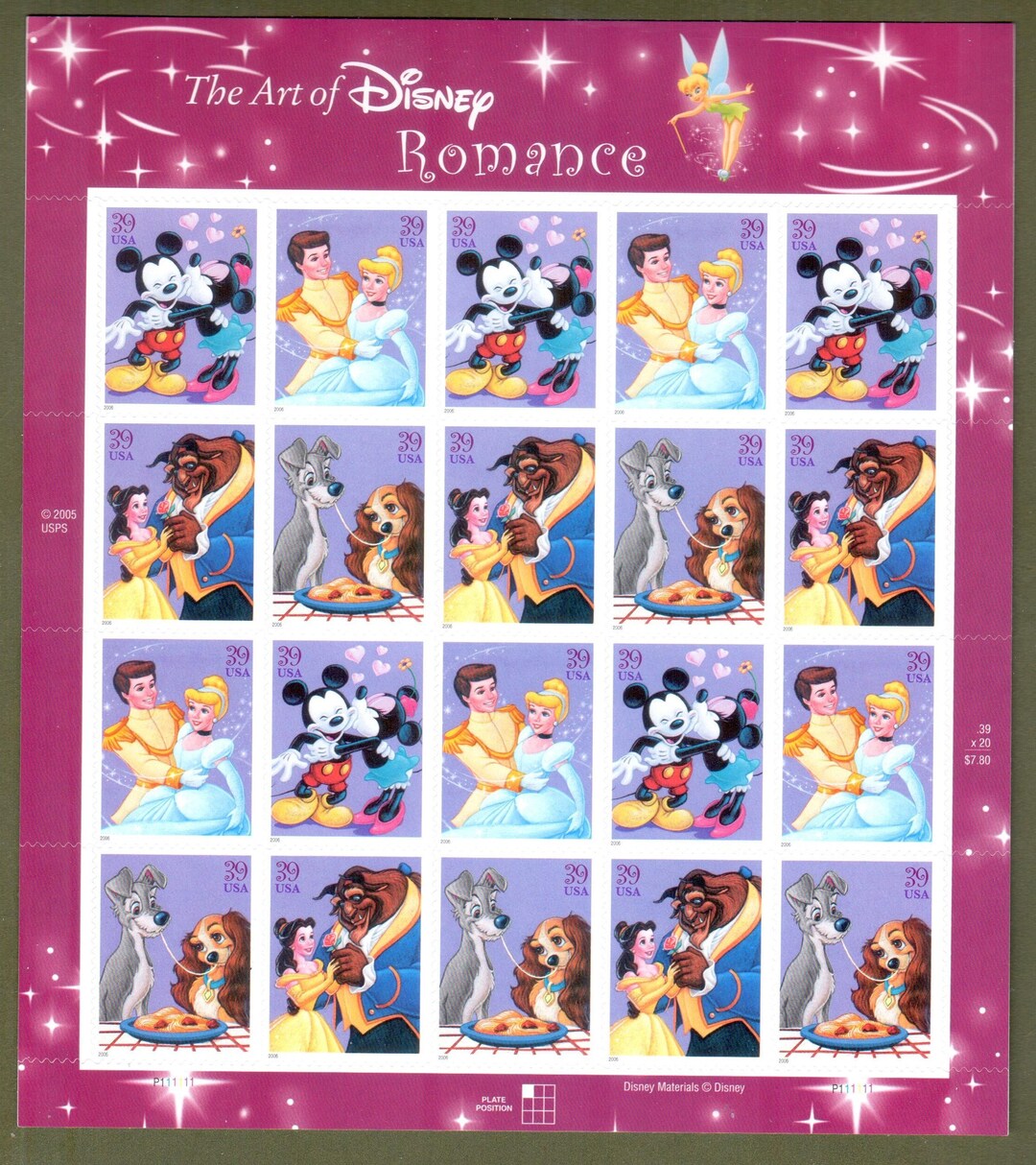 Sheet of 20 the Art of Disney Romance Unused US Postage Stamps 39 Cents ...
