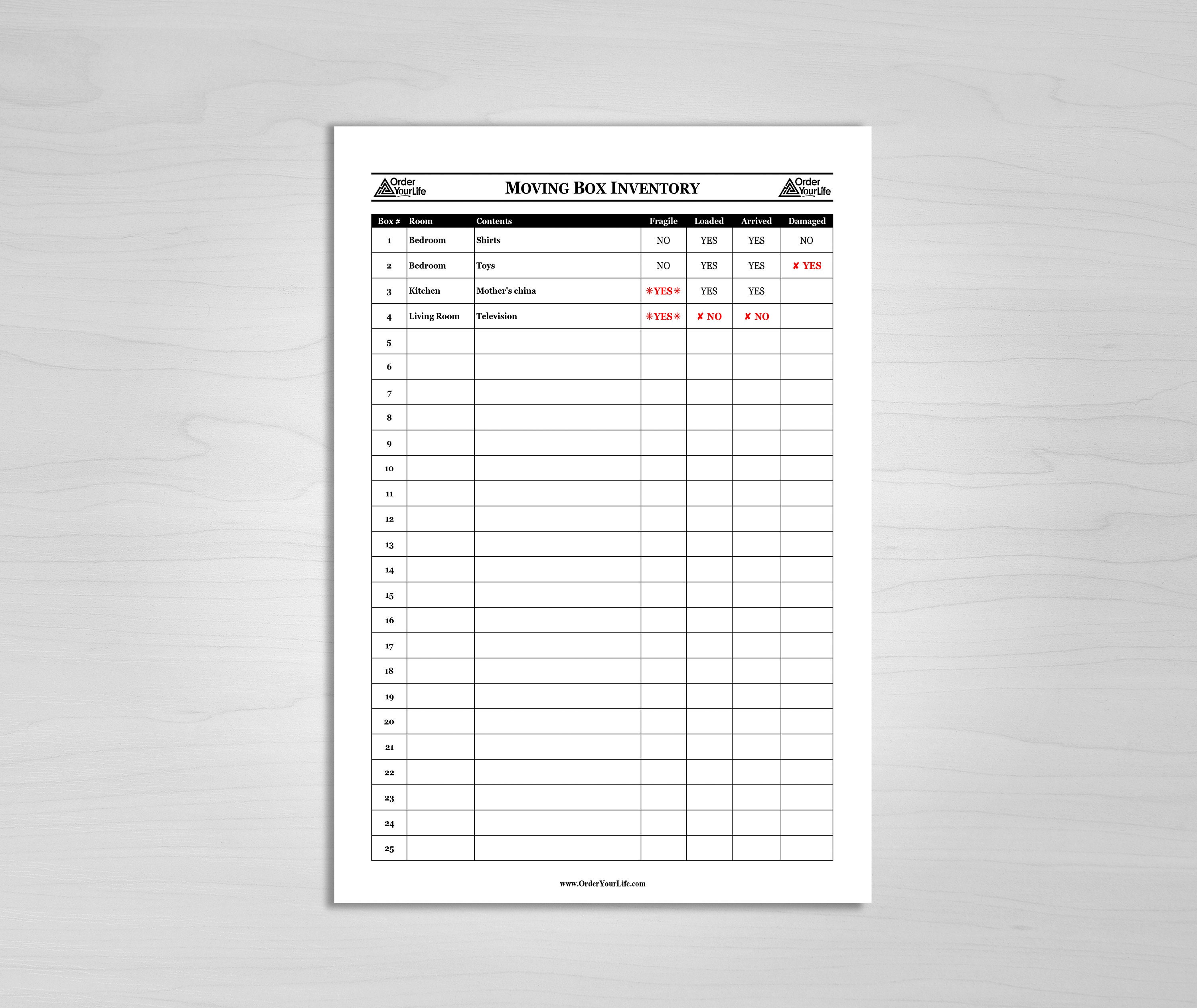 Moving Box Inventory Excel: Printable Checklist and Spreadsheet to ...