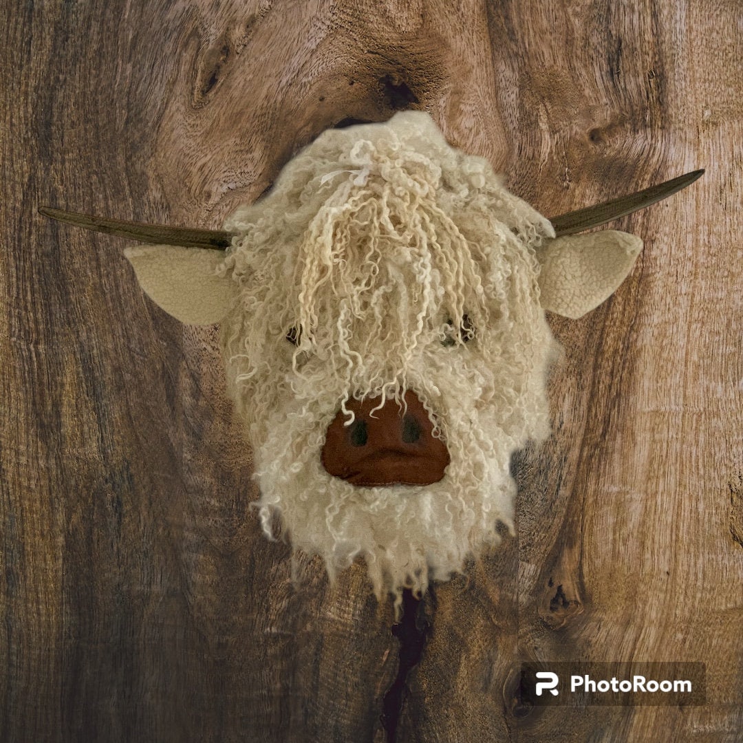 Highland Cow Leather Nose Bull Head, Hand Carved Horns Natural Sheep ...