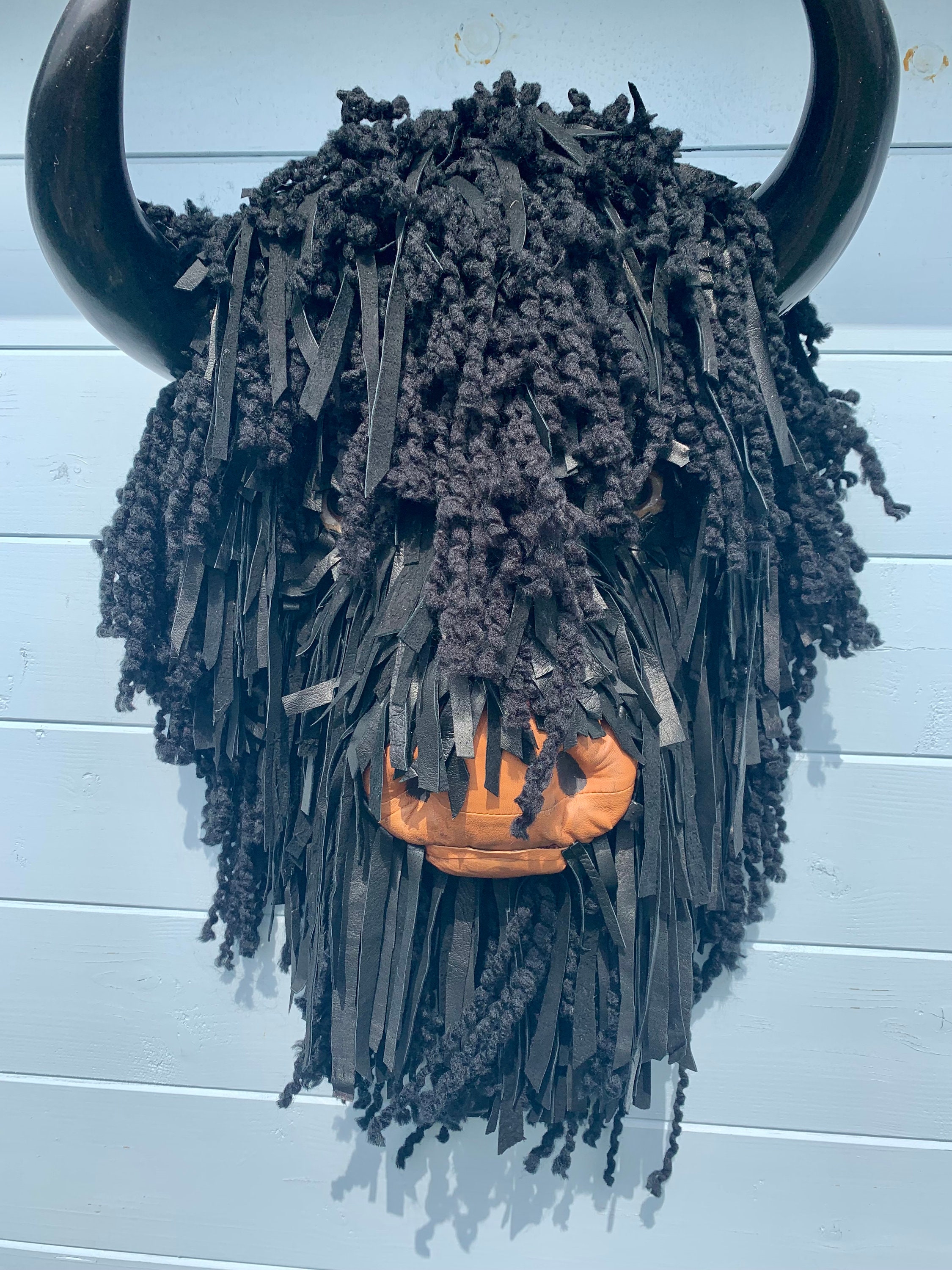 Large Italian Leather Bull Head, Real Horns Man Cave Gift Easy to Hang ...