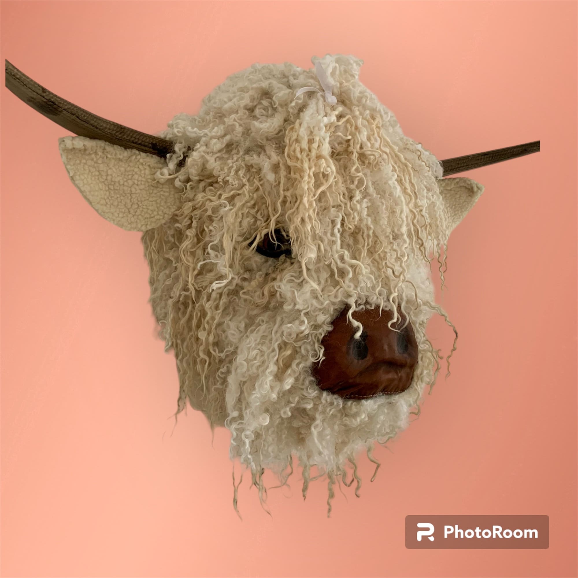 Highland Cow Leather Nose Bull Head, Hand Carved Horns Natural Sheep ...