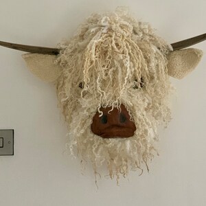 Highland Cow Leather Nose Bull Head, Hand Carved Horns Natural Sheep ...