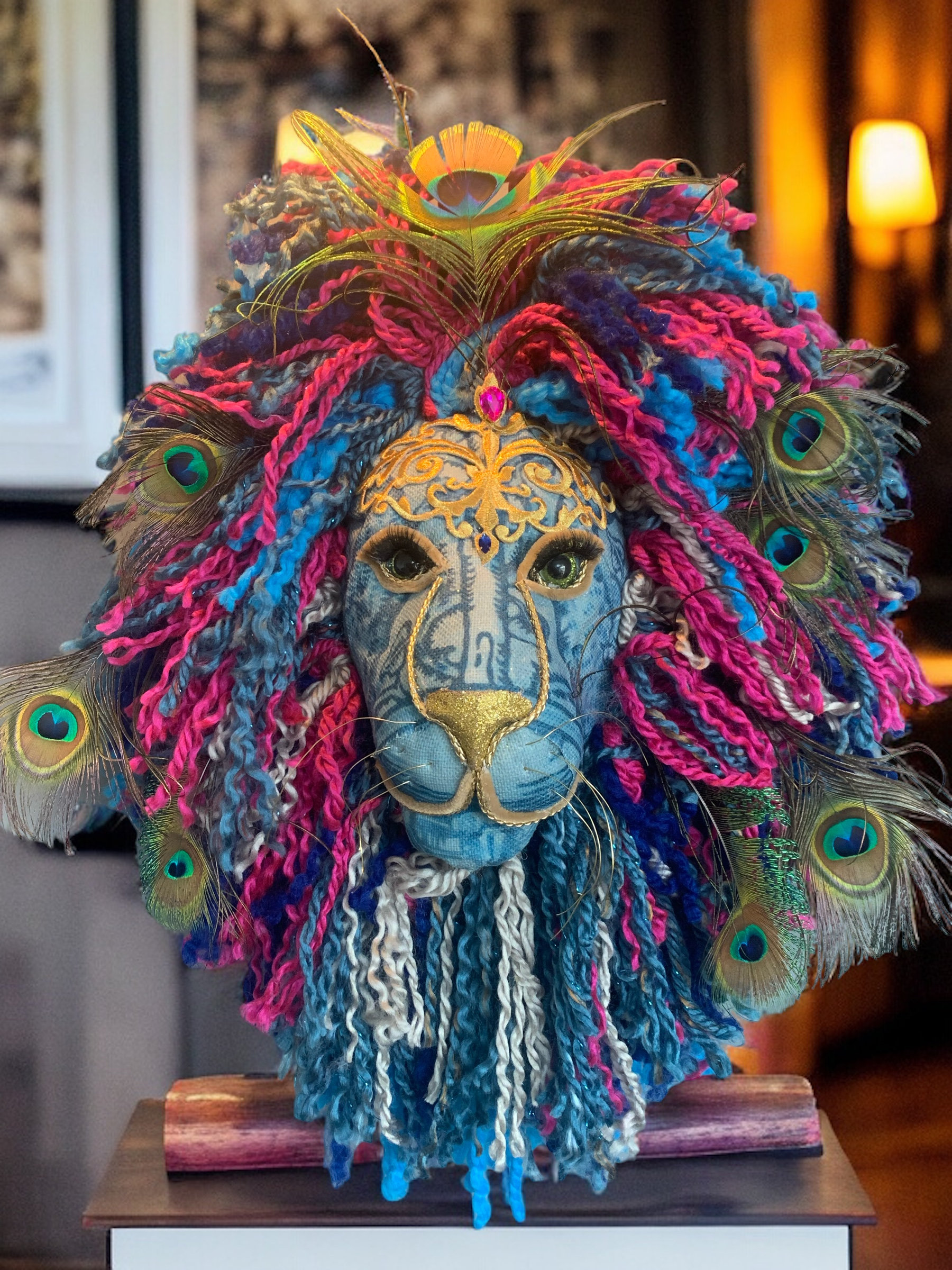Handmade Lion Head Wall Mount: Peacock Feather Mane, Colorful Wool ...