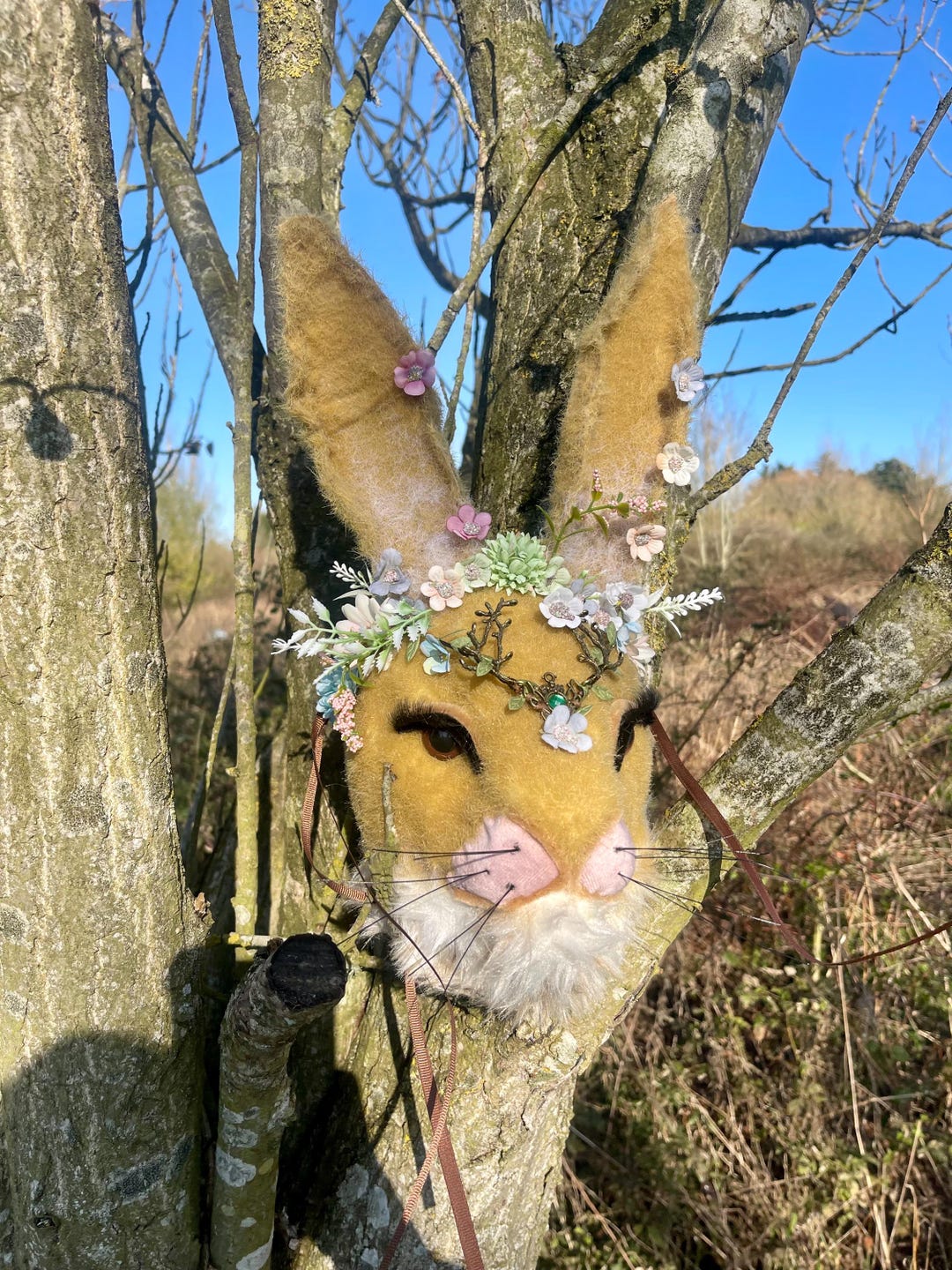 Handmade Furry Hare Head: Floral Crown, Large Eyes - Bespoke Animal Art ...