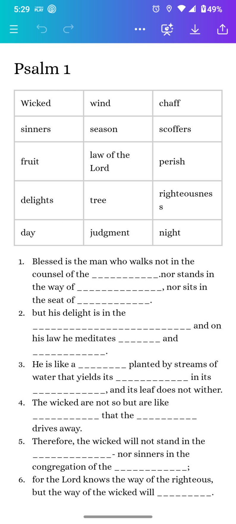 Psalm 1 Worksheet: Fill-in-the-blanks (digital Download) - Etsy