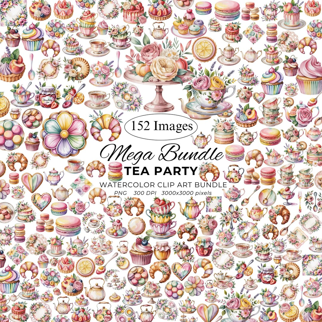 152 Tea Party Watercolor Clipart Mega Bundle, Floral Teacup PNG, High ...