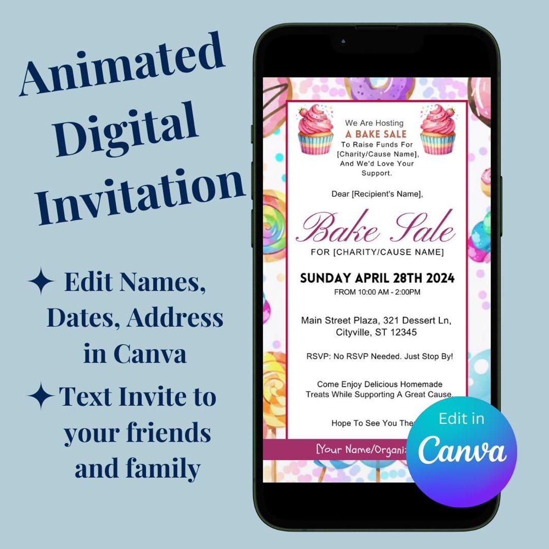 Editable Bake Sale Flyer Invitation Electronic Animated Canva Template ...
