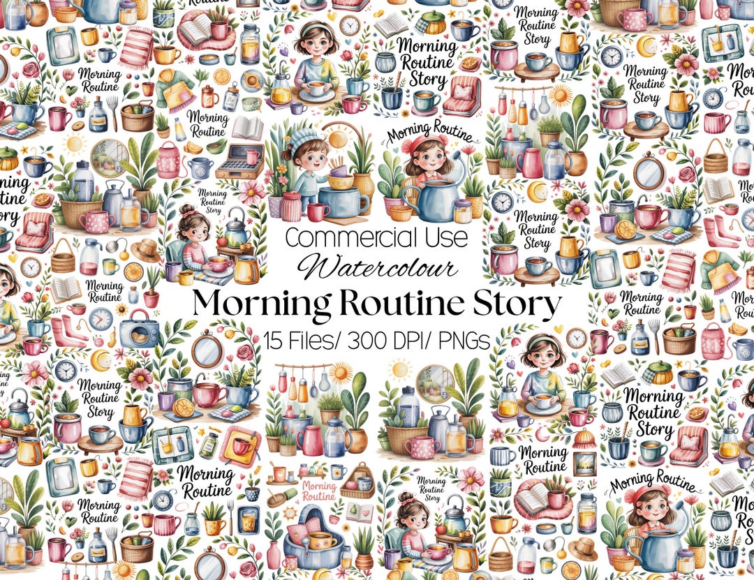 15 Morning Routine Clipart, Watercolor Girl Daily Schedule PNG ...