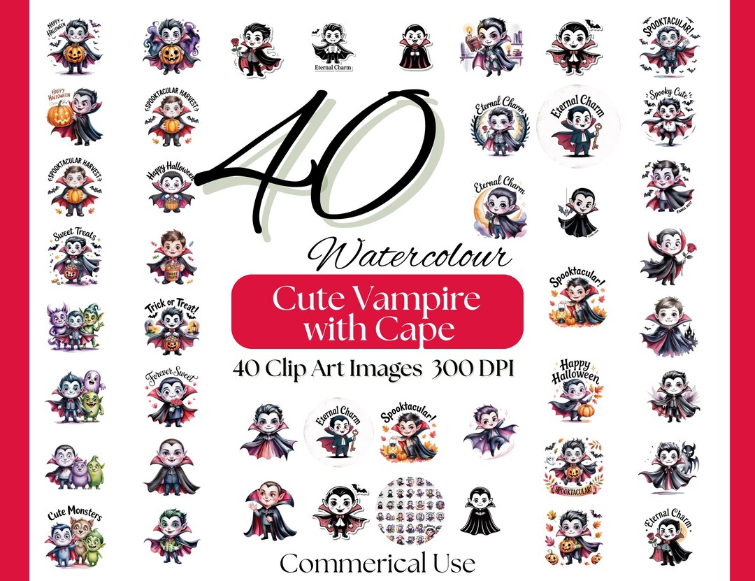 40 Cute Vampire Clipart PNG | Halloween Watercolor Vampires With Capes ...