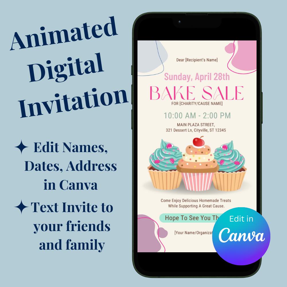 Editable Bake Sale Flyer Invitation Electronic Animated Canva Template ...