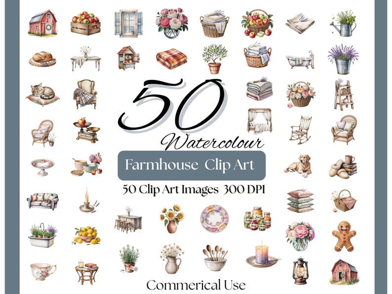 50 Farmhouse Watercolor Clipart Bundle Rustic Farm Animals PNG, Vintage ...