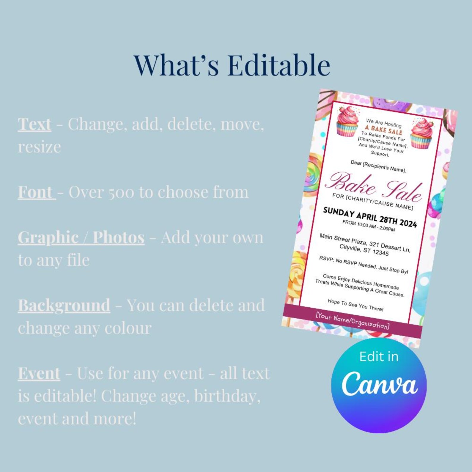 Editable Bake Sale Flyer Invitation Electronic Animated Canva Template ...
