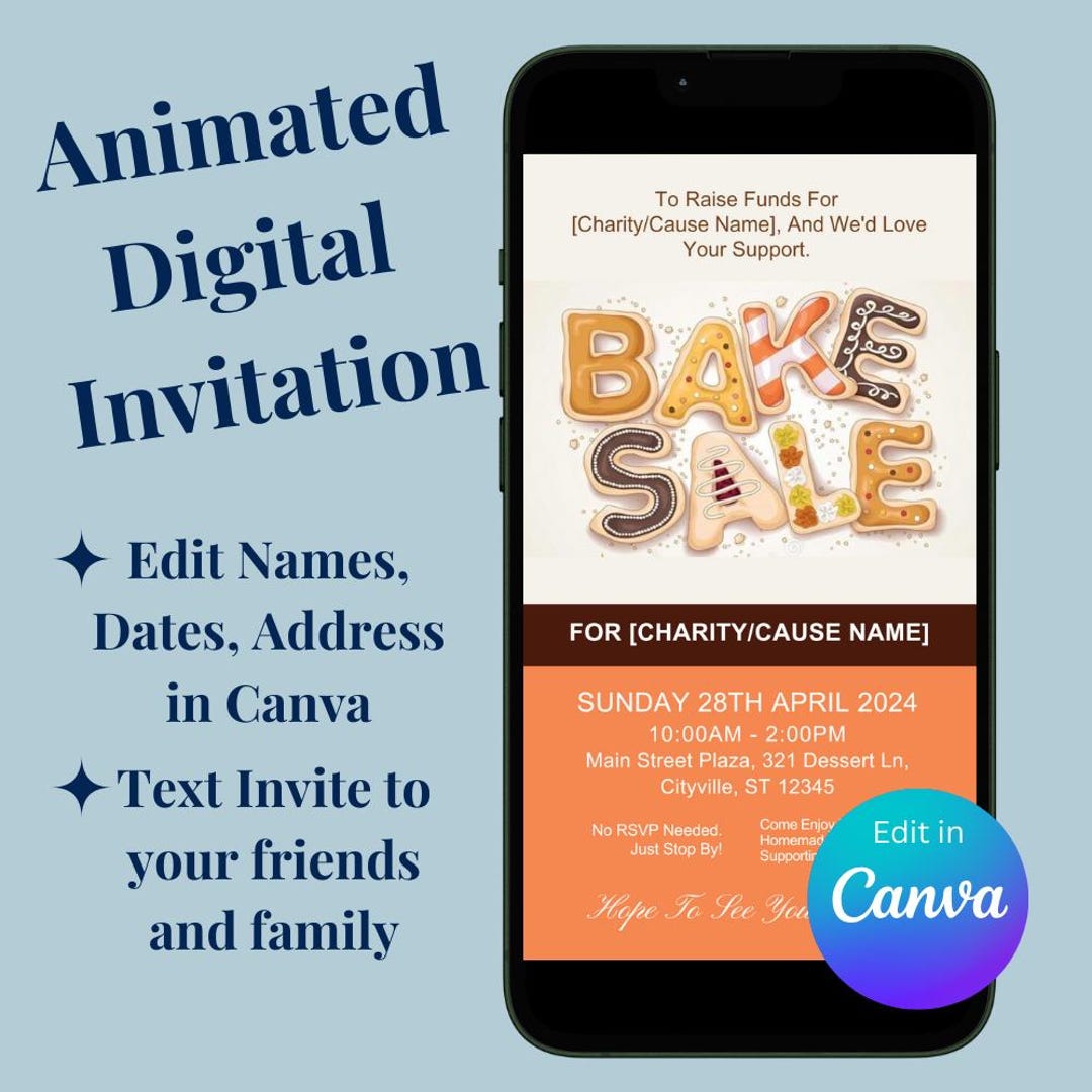 Editable Bake Sale Flyer Invitation Electronic Animated Canva Template ...