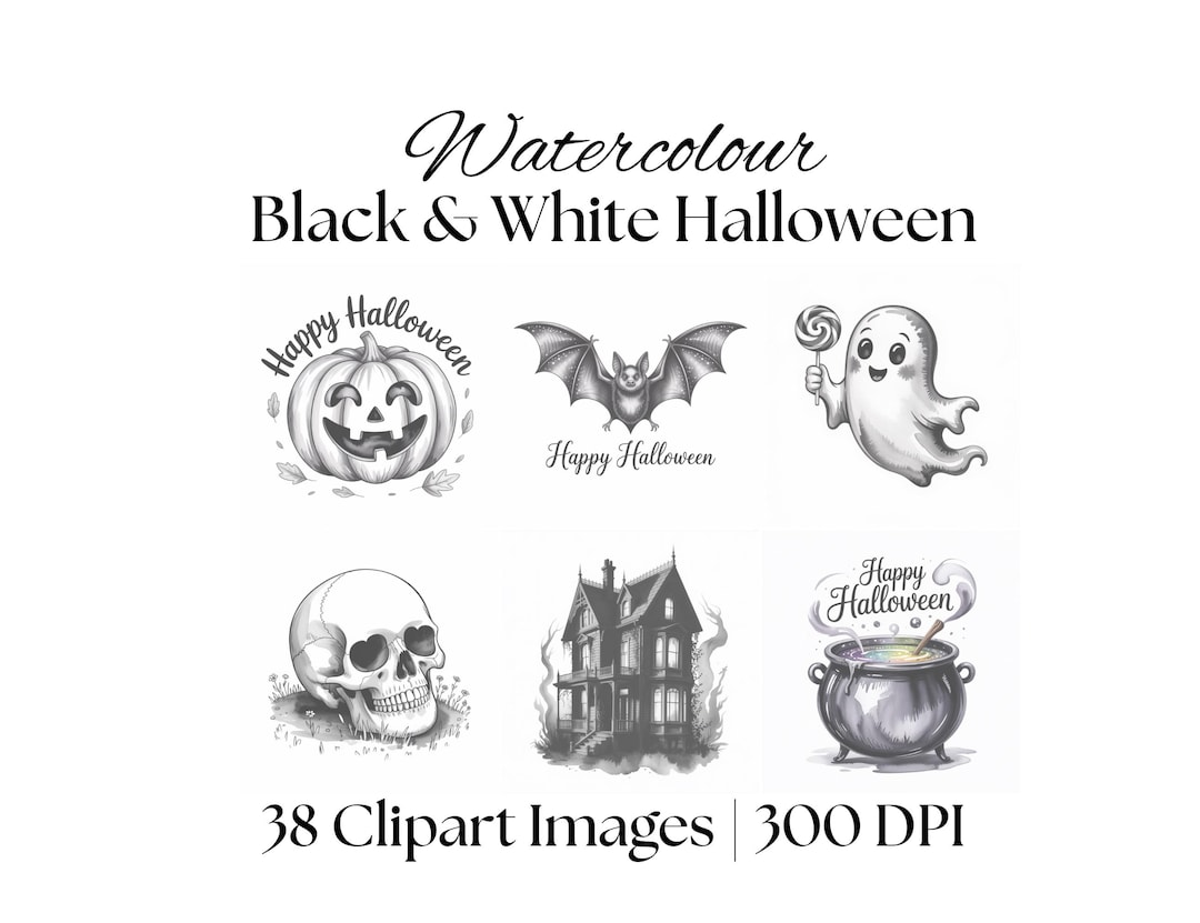 Black and White Halloween Clipart Bundle | Spooky PNG Graphics (digital ...