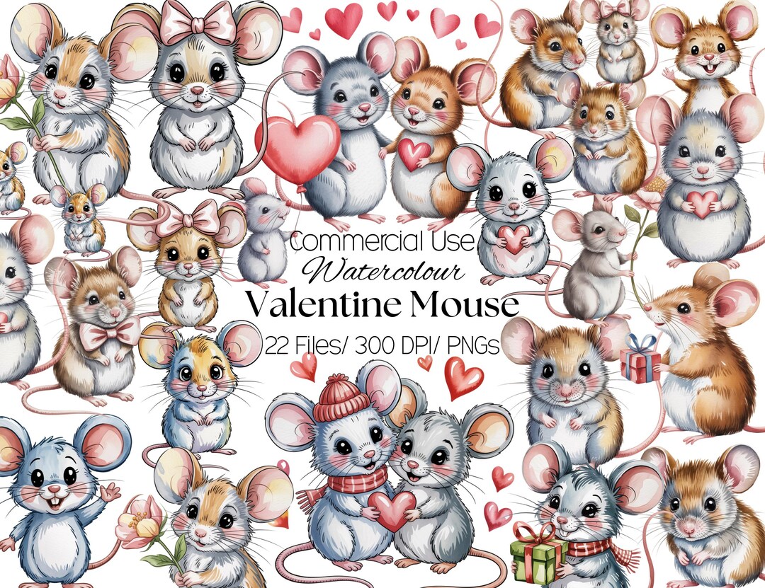 22 Valentine Mouse Clipart – Cute Mice With Valentine Details, Hearts ...
