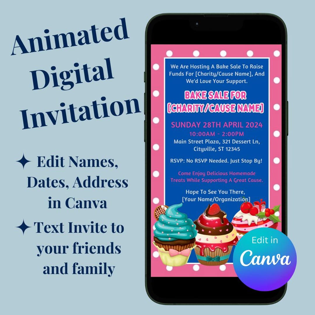 Editable Bake Sale Flyer Invitation Electronic Animated Canva Template ...