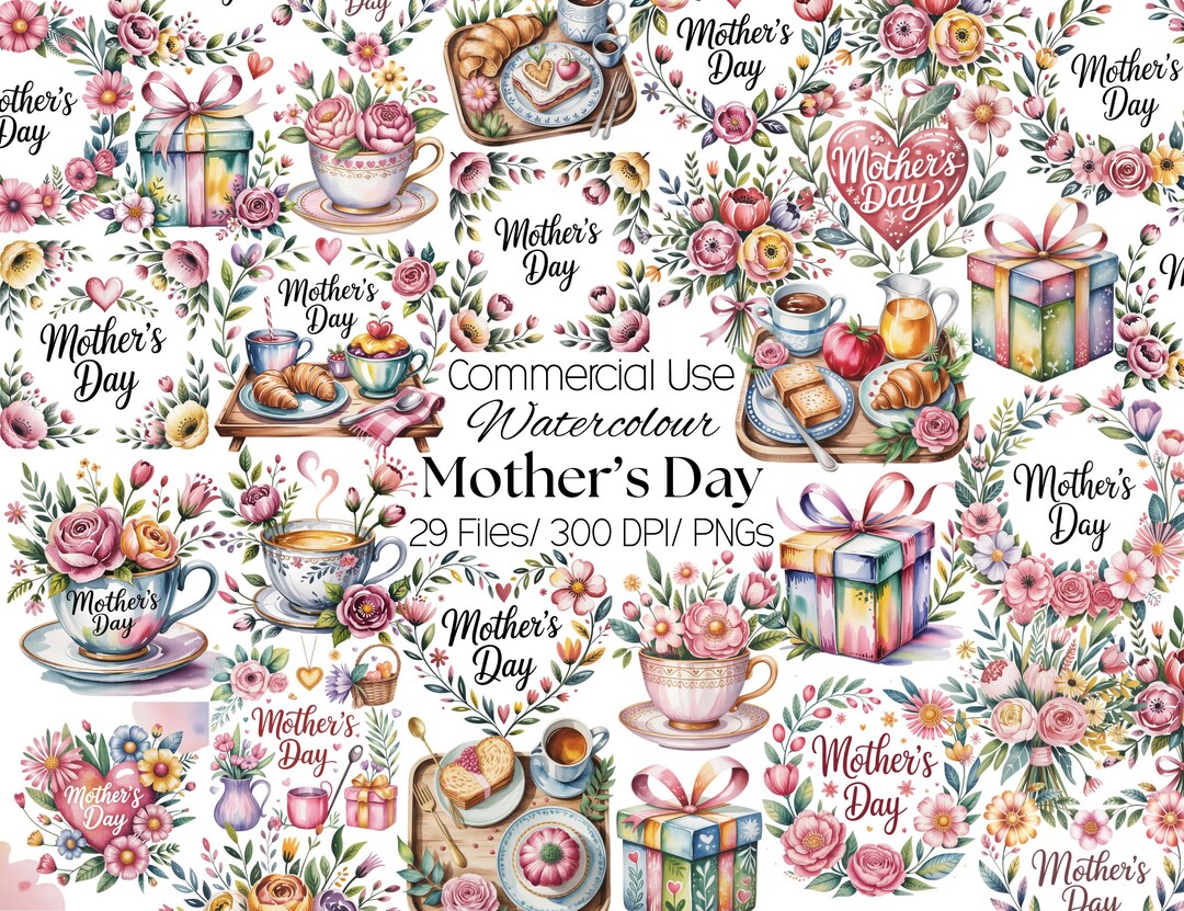 29 Mother’s Day Clipart – Tea Party, Floral Wreaths, Breakfast in Bed ...