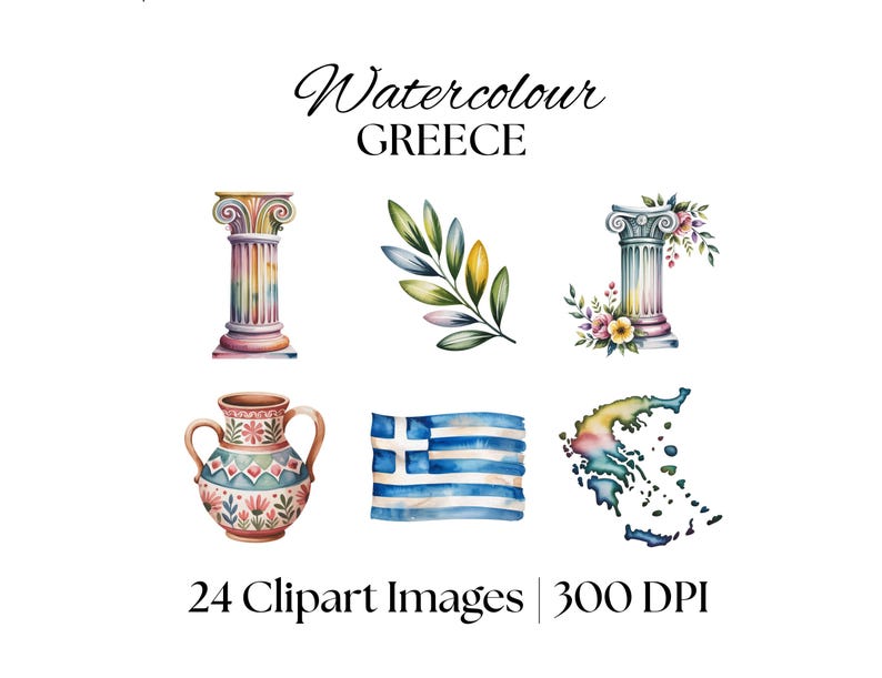 24 Greece Clipart PNG, Watercolor Greek Islands, Parthenon Column, Vase ...