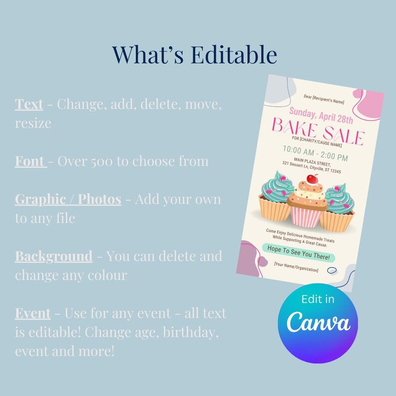 Editable Bake Sale Flyer Invitation Electronic Animated Canva Template ...