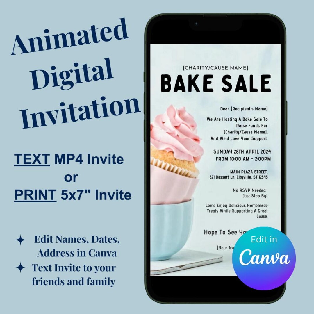 Editable Bake Sale Flyer Invitation Text or Print 5x7 Animated Mobile ...