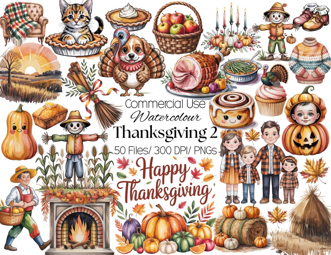 Thanksgiving Clipart Bundle | 50 Autumn PNG Images (digital Download ...