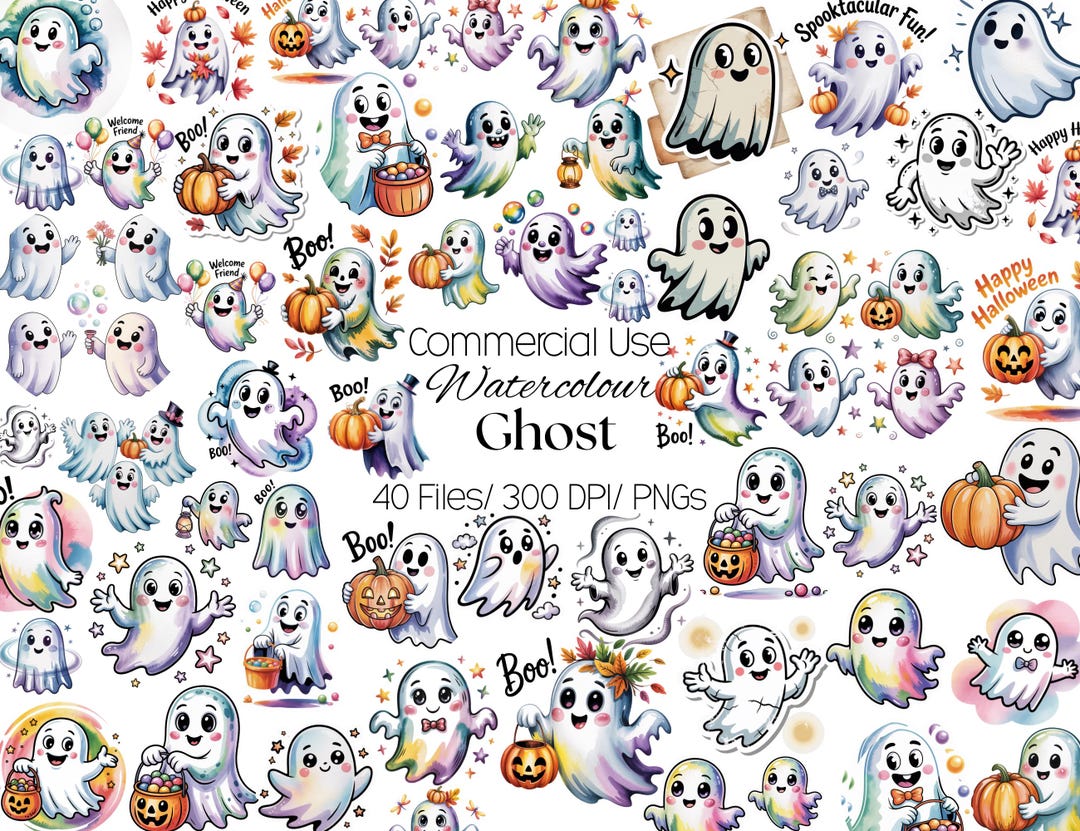 40 Friendly Ghost Clipart | Cute Halloween Ghosts PNG Bundle ...