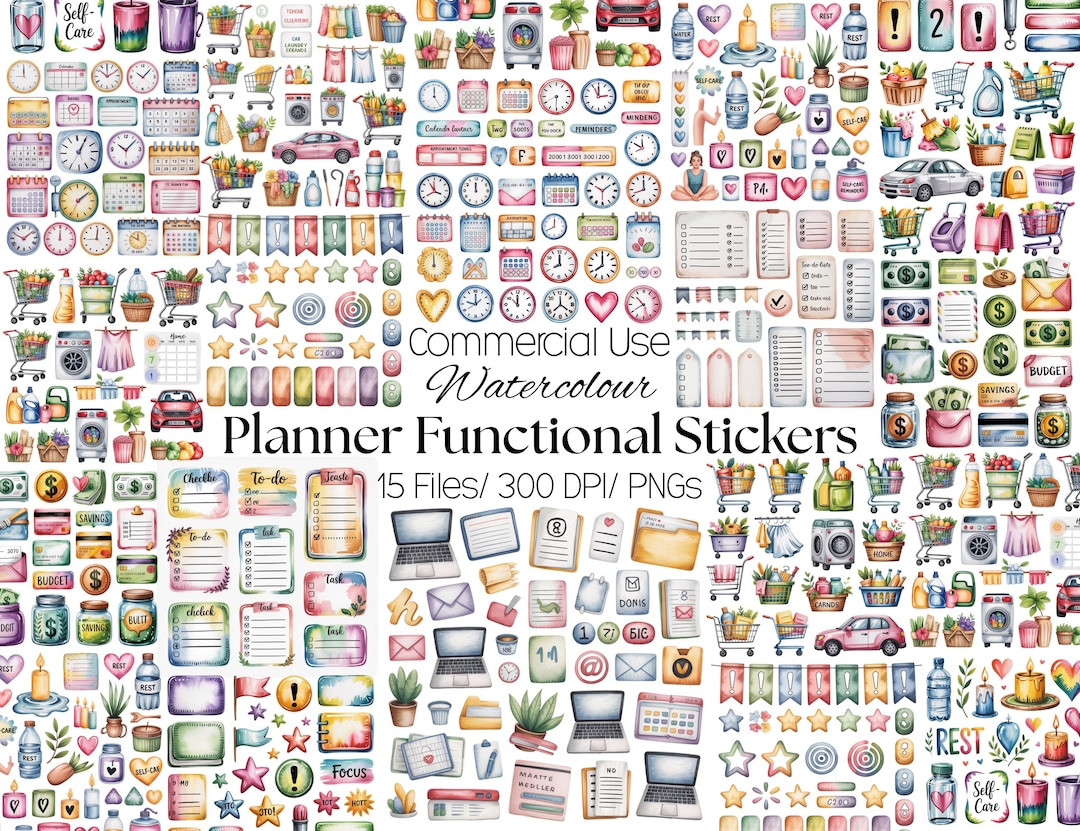 15 Planner Functional Stickers Clipart, Watercolor Planner PNG ...