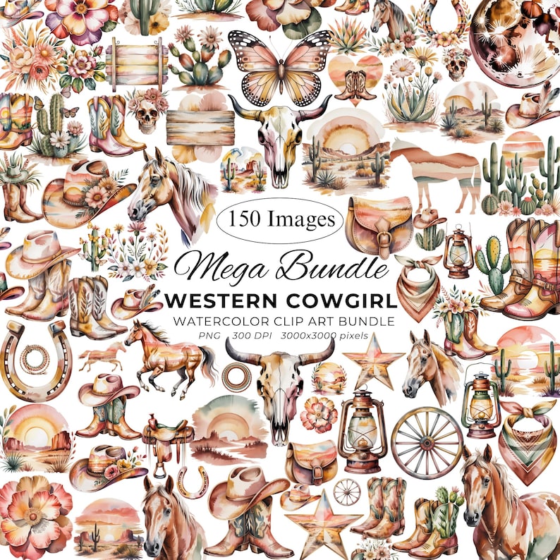 Western Cowgirl Clipart Mega Bundle, 150 Watercolor Western PNG ...