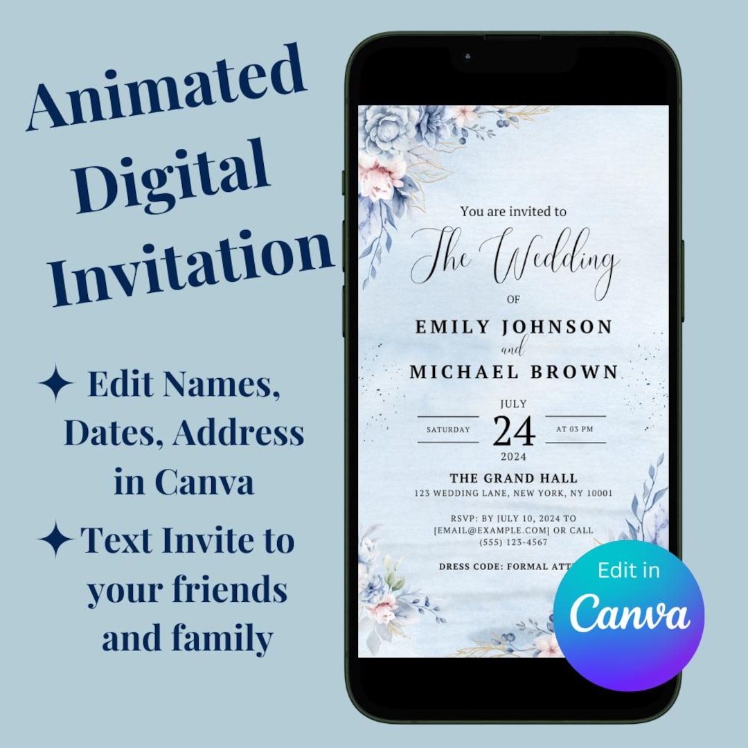 Animated Floral Wedding Video Invitation, Editable Canva Template ...