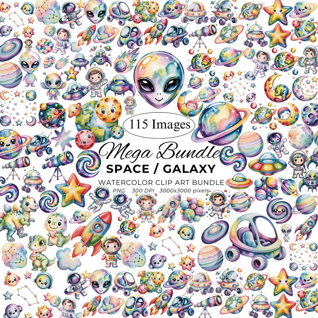 Space Galaxy Clipart Mega Bundle, 115 Watercolor Space PNG, Astronaut ...