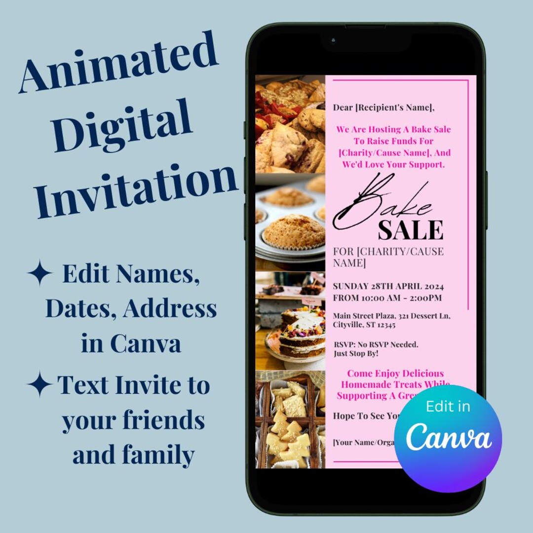Editable Bake Sale Flyer Invitation Electronic Animated Canva Template ...