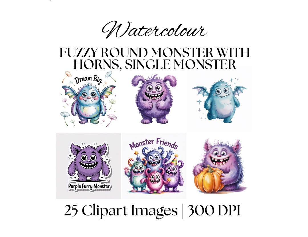 25 Fuzzy Round Monster Clipart | Cute Horned Cartoon Creature Not Scary ...