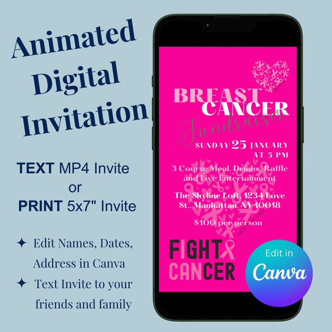 Editable Breast Cancer Fundraiser Invitation, Mobile or Print (digital ...
