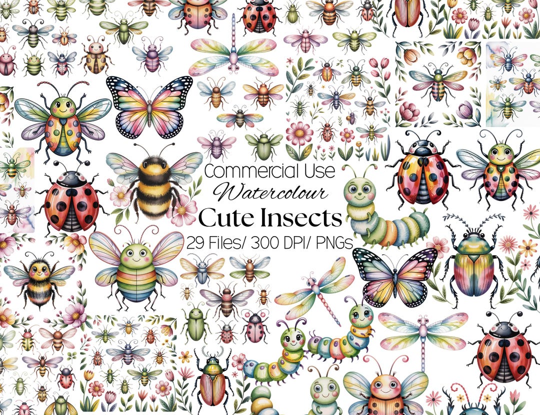 29 Cute Insects Clipart, Watercolor Bugs PNG, Butterflies Ladybugs Bees ...