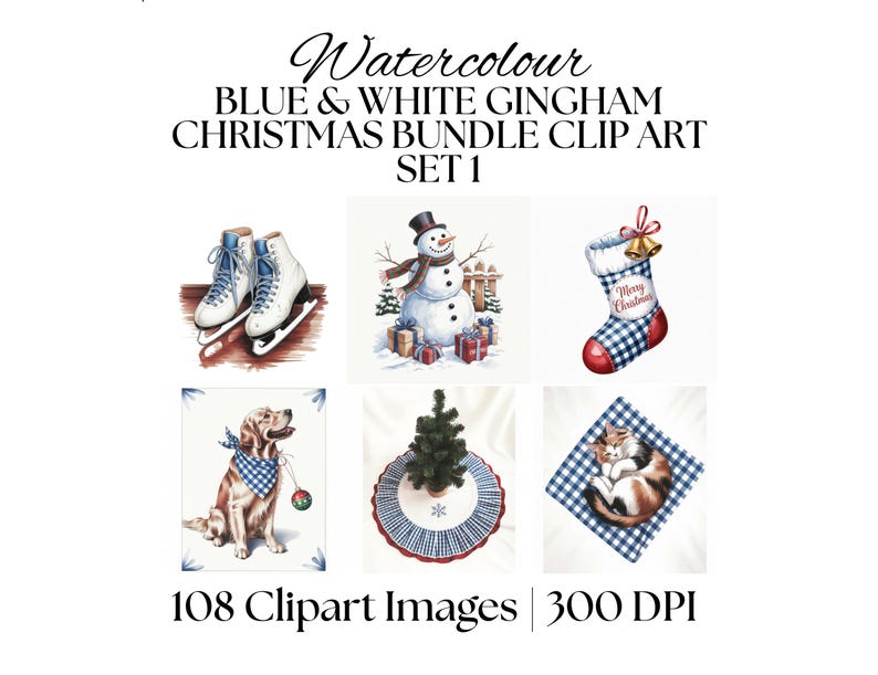 Blue Gingham Christmas Clipart Bundle: Holiday Ornaments, Plaid Pngs ...